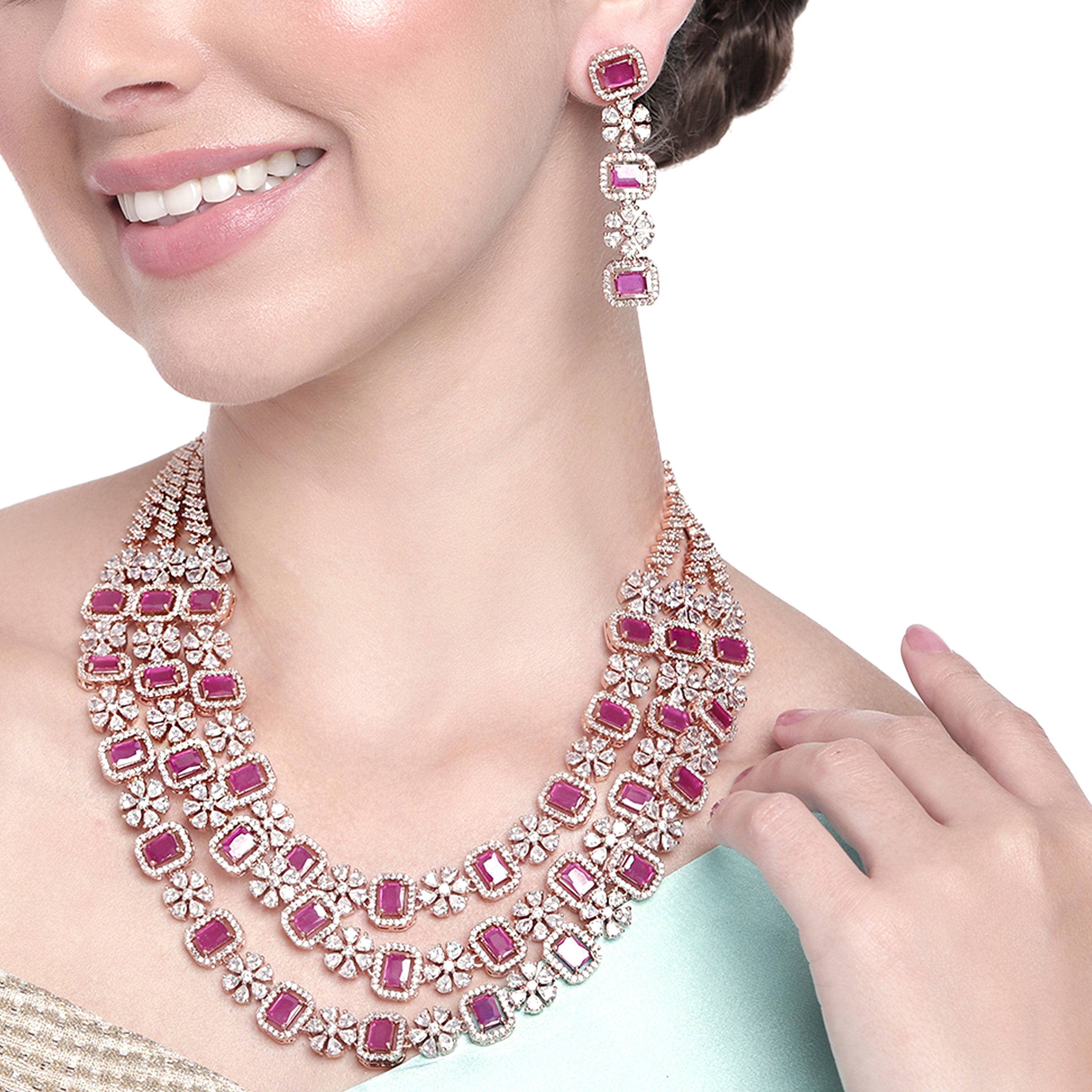 Buy Estele Rose Gold Plated CZ Dazzling Three Layered Dulhan Necklace Set with Ruby Stones for ...