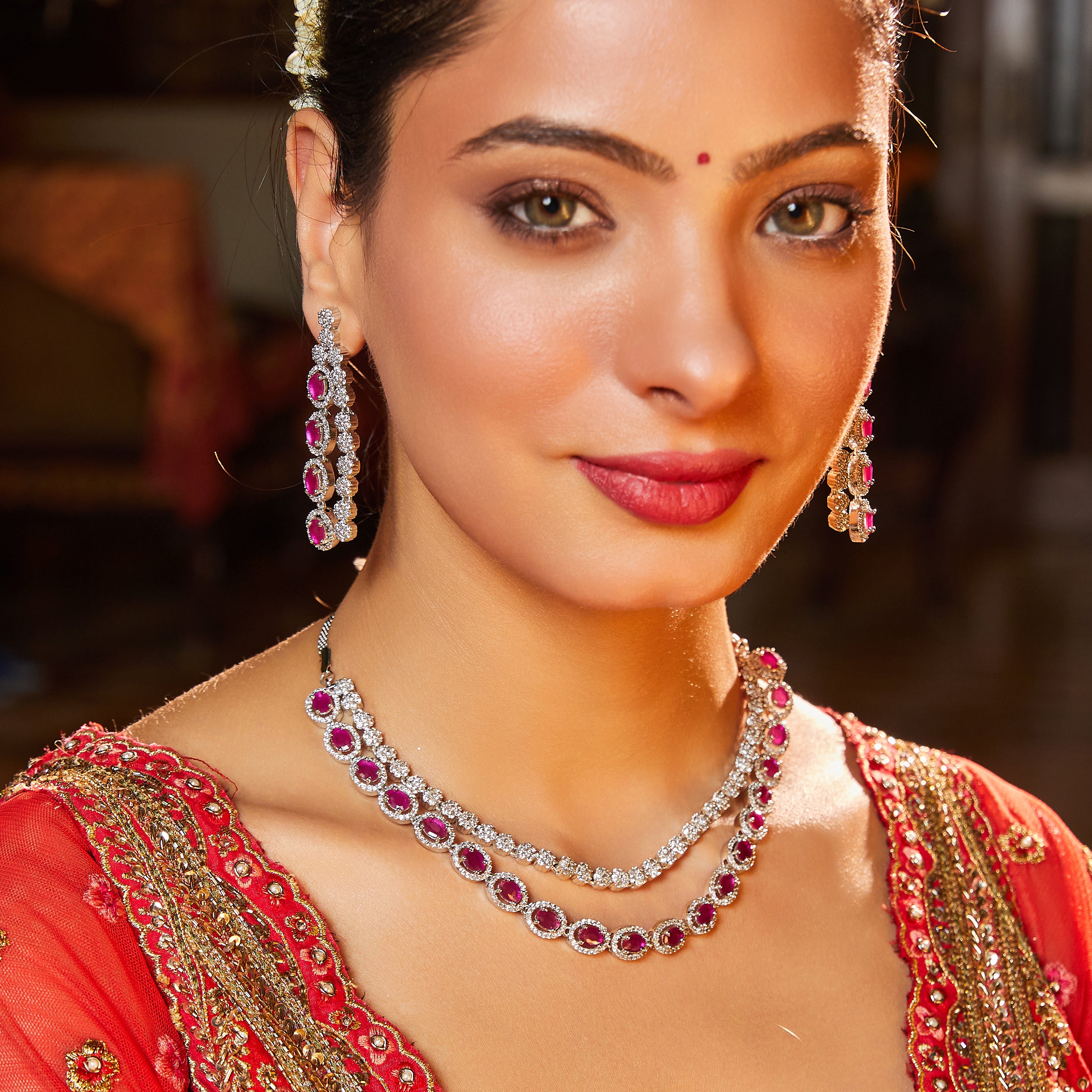 Buy Estele Rhodium Plated CZ Scintillating Necklace Set with Ruby ...