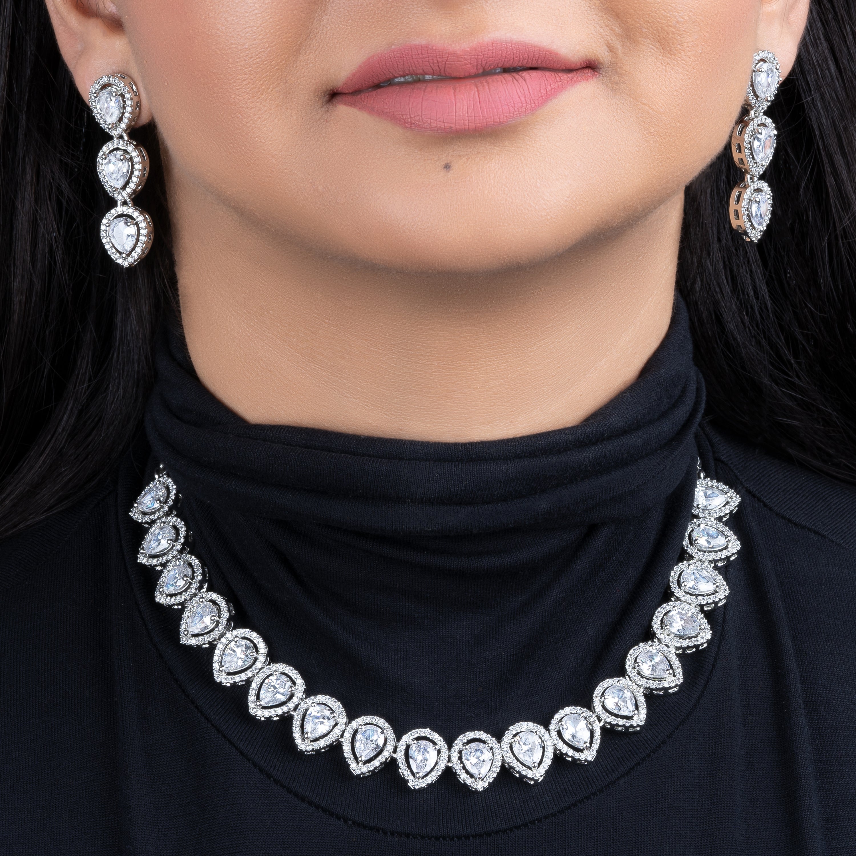 Estele Rhodium Plated Zircon Precious Pears Necklace Set