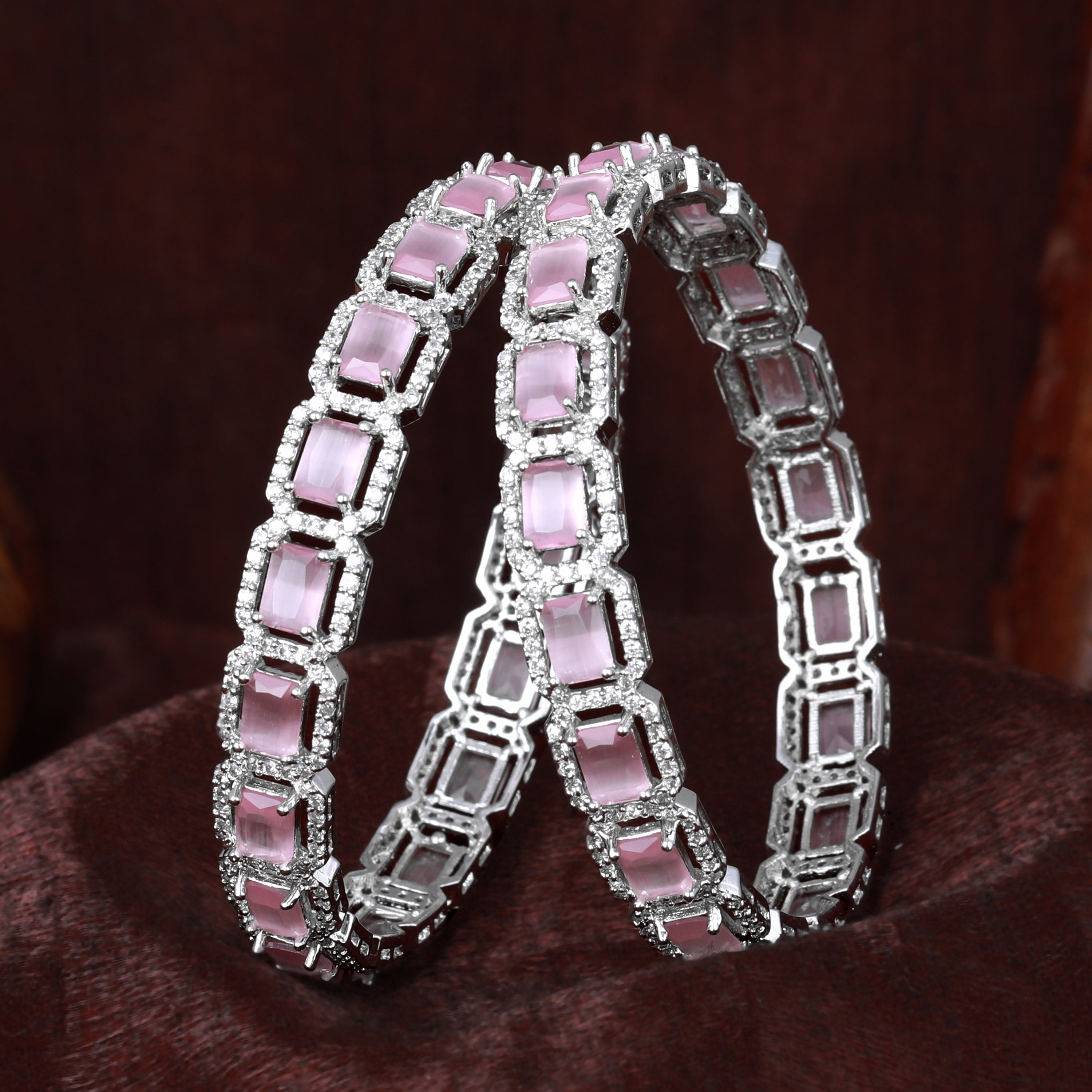 Estele Rhodium Plated Charming Mint Pink American Diamond Bangles |Ava