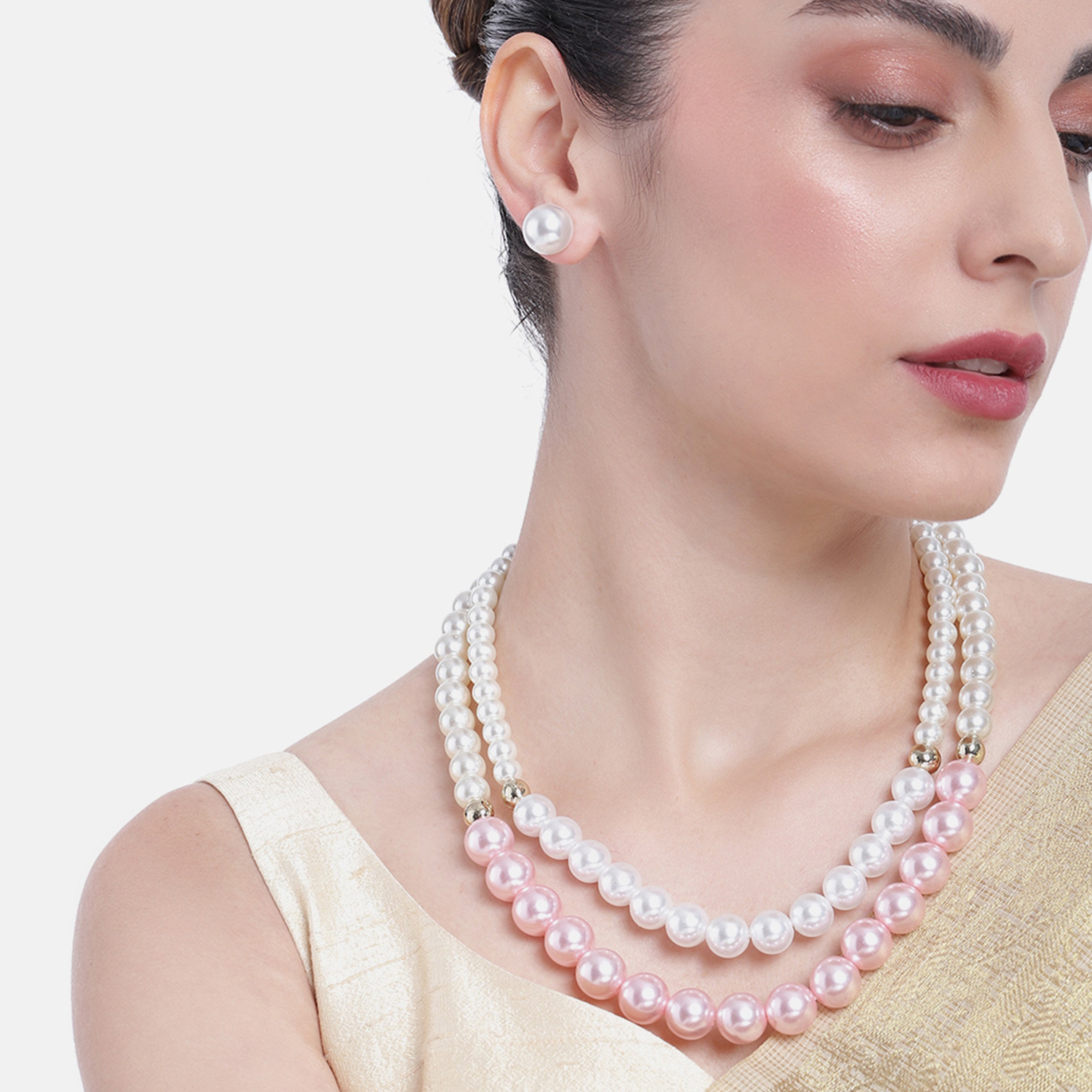 Estele Gold Plated Dazzling Double Line Pearl Necklace Set