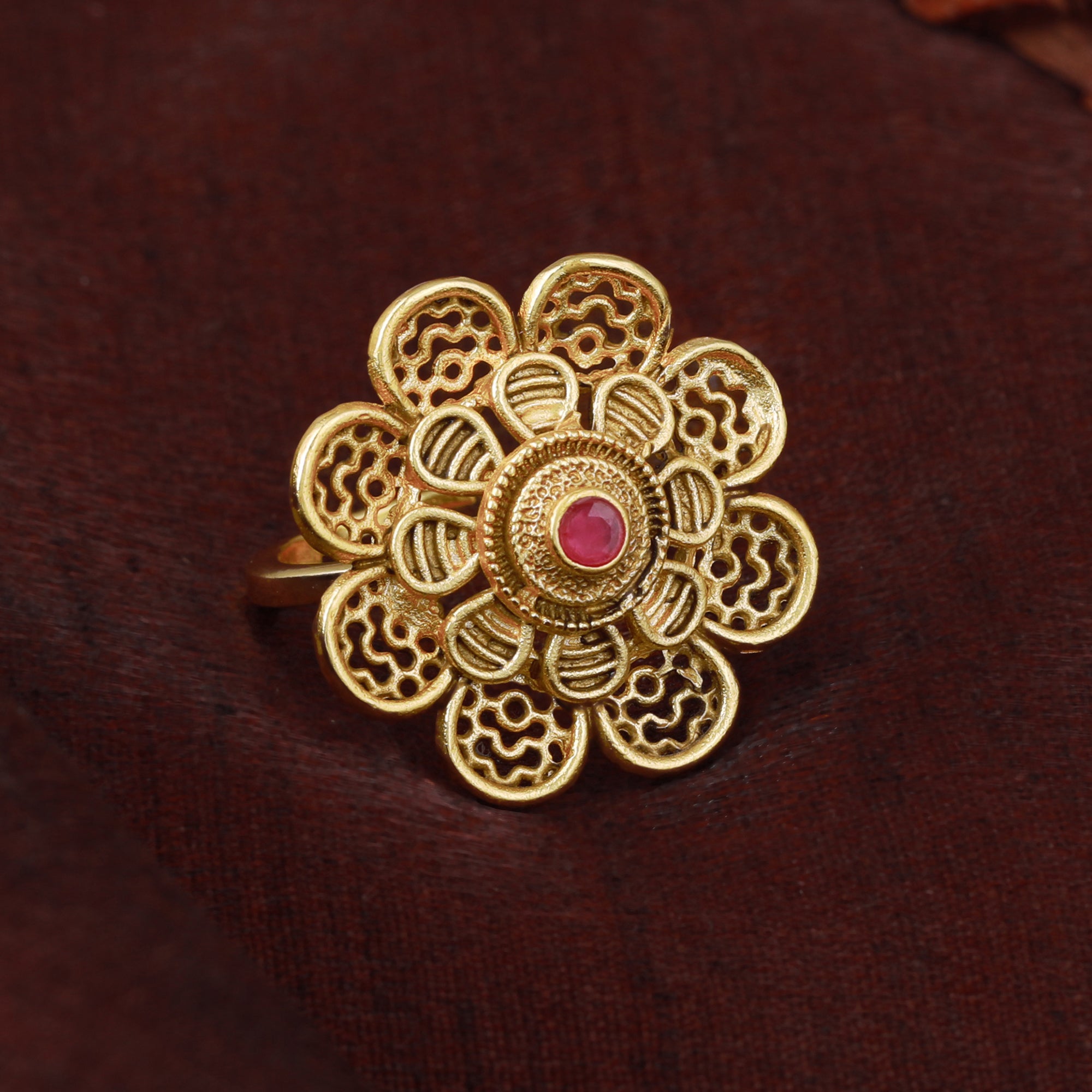 Estele Gold Plated Blossom Matte Finish Finger Ring with Ruby Crystals
