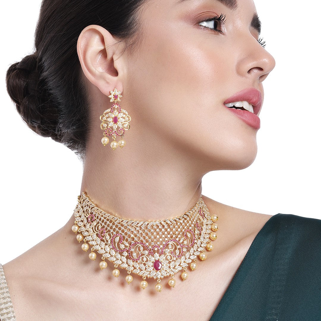 Estele Bridal Zircon and Ruby Bridal Necklace Set