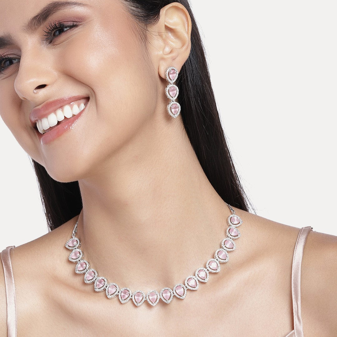 Buy Estele Rhodium Plated Zircon Precious Pears Necklace Set with Mint ...