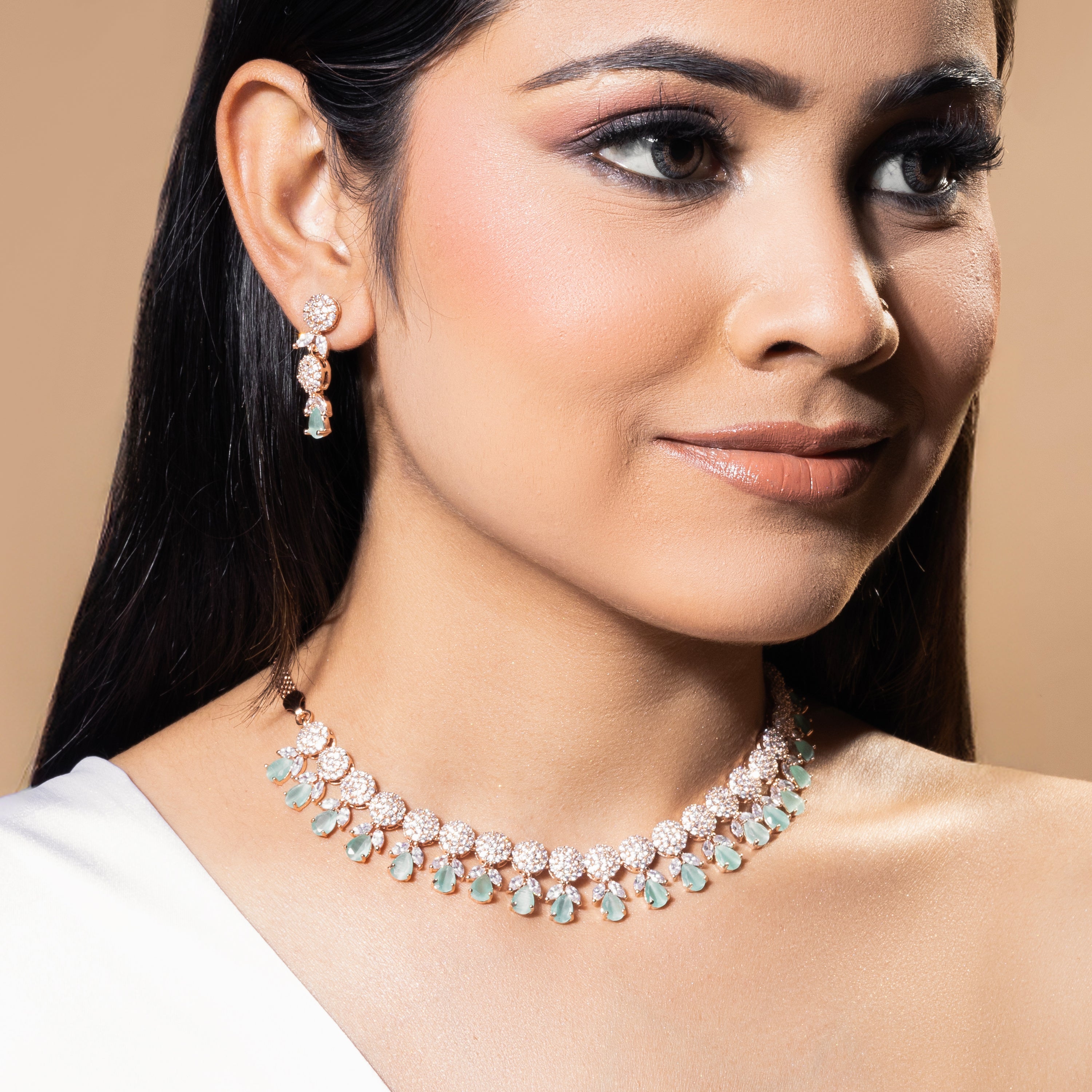 Buy Estele Rose Gold Plated CZ Fascinating Necklace Set with Mint Green ...