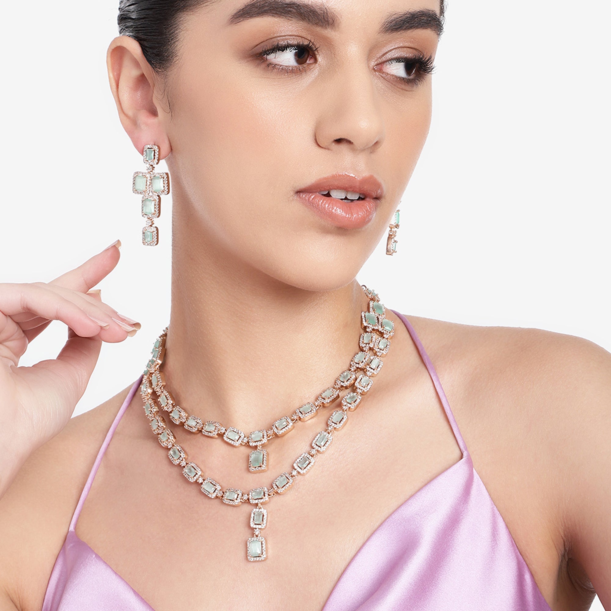 Estele Rose Gold Plated CZ Ravishing Double Line Necklace Set with Min