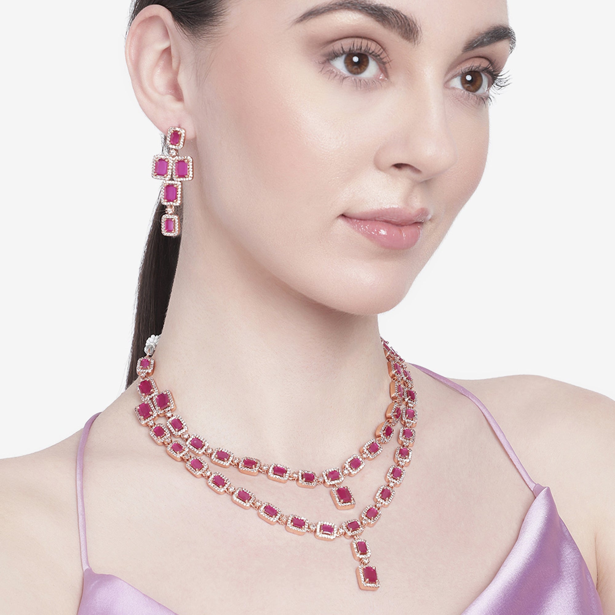 Estele Rose Gold Plated CZ Ravishing Double Line Necklace Set with Rub