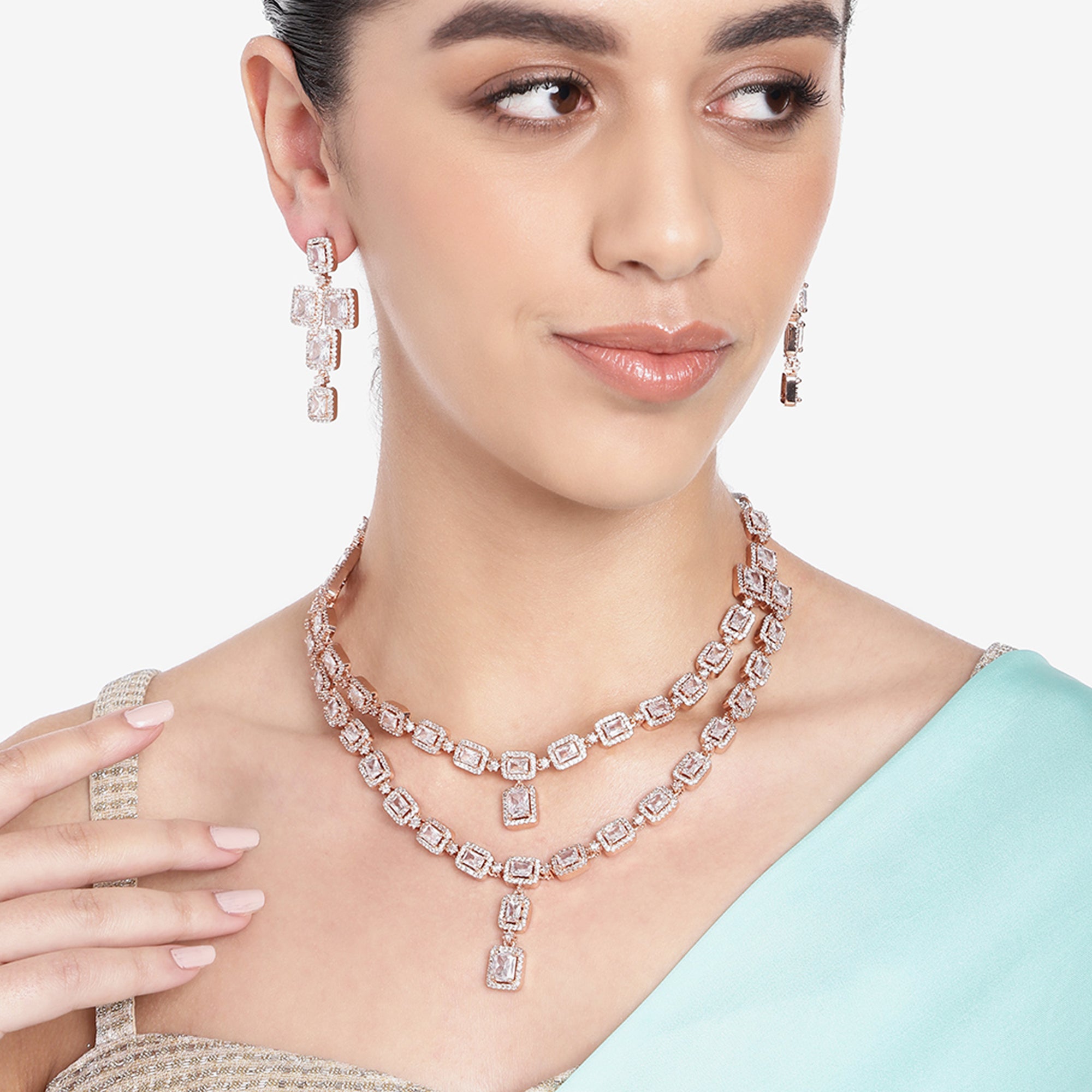 Estele Rose Gold Plated CZ Ravishing Double Line Necklace Set with Whi