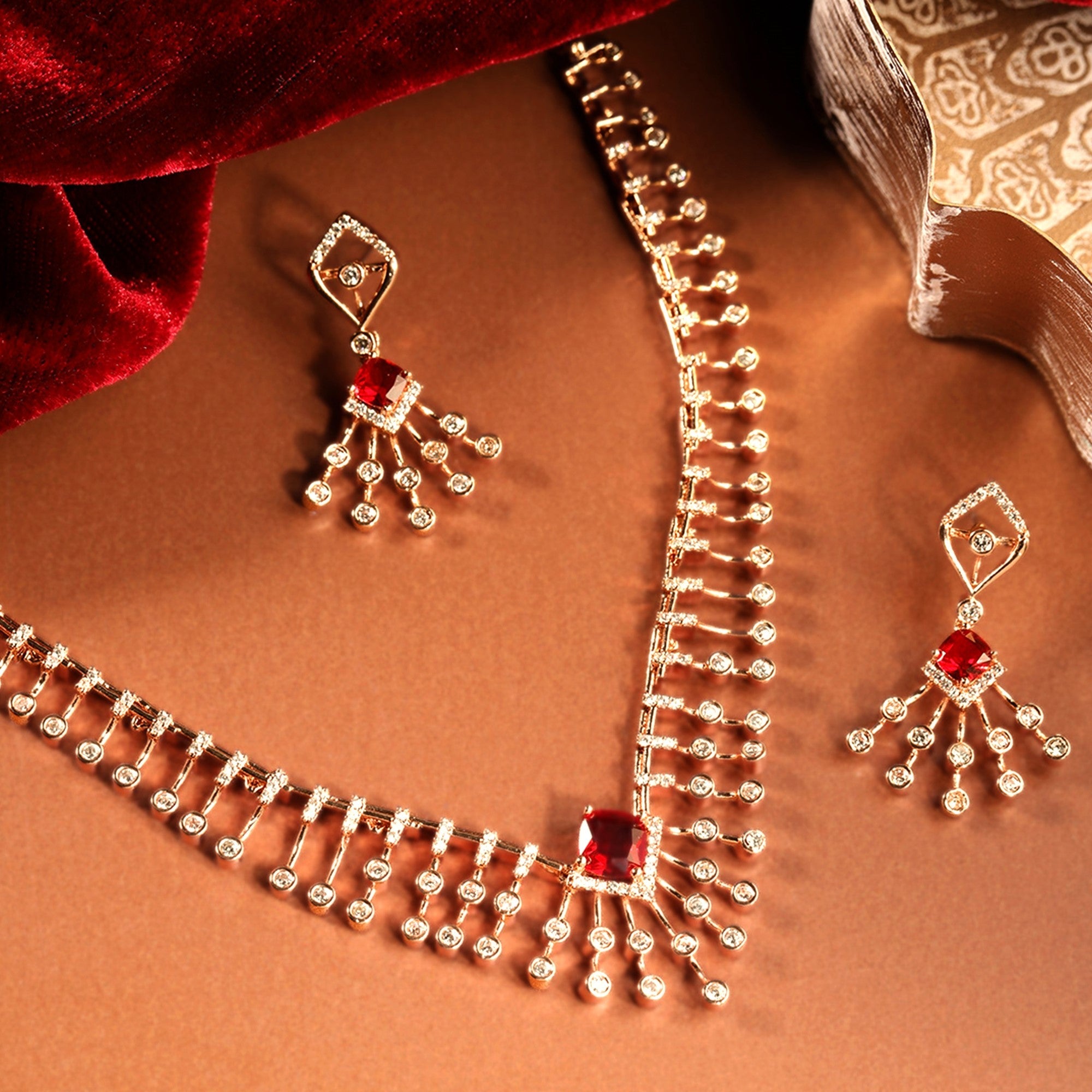 Buy Rosegold Ruby AD Necklace Set Online – Estele