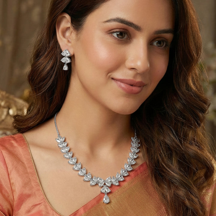 Rhodium V Shape CZ Necklace Set – Estele