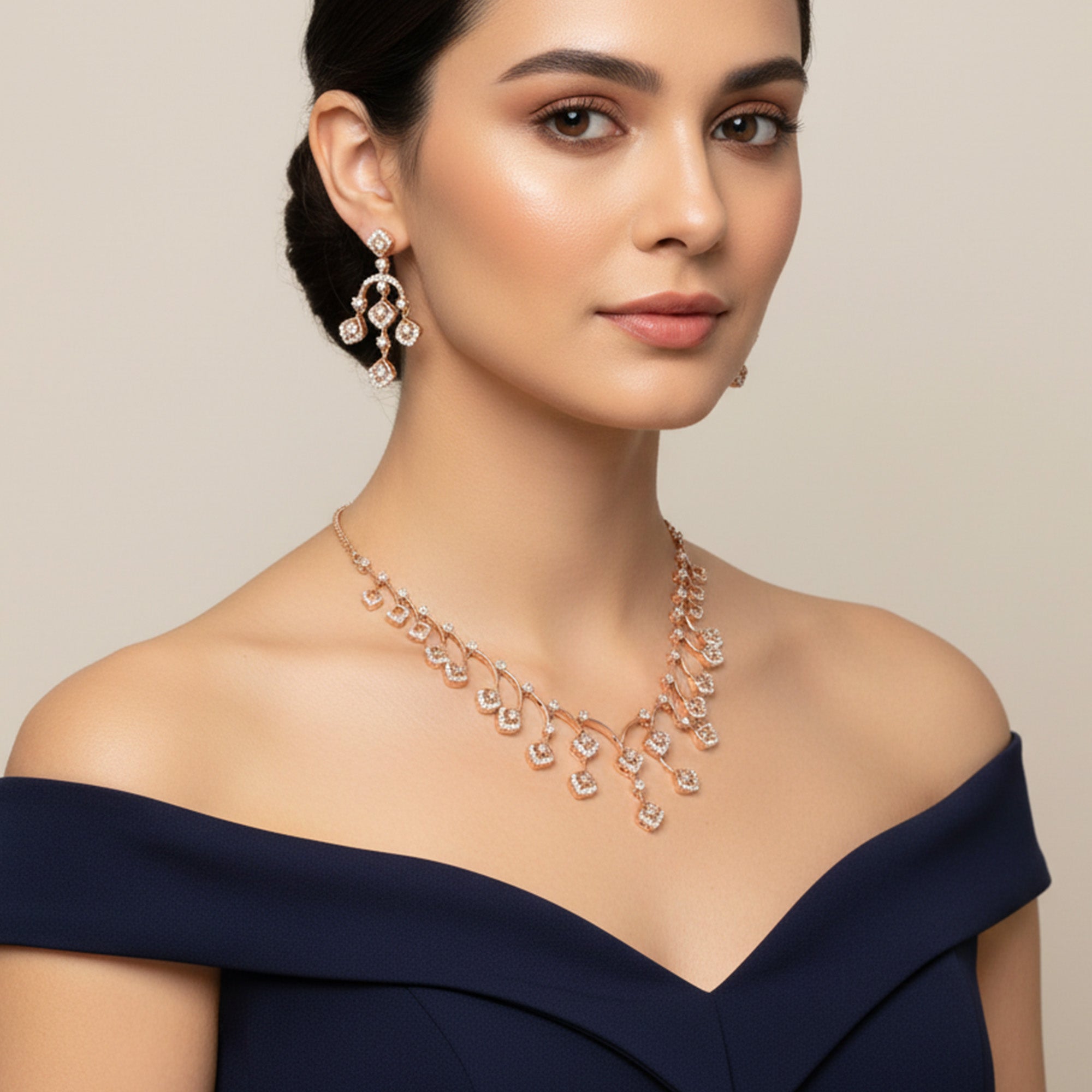 Rose Gold V Collar CZ Necklace Set – Estele